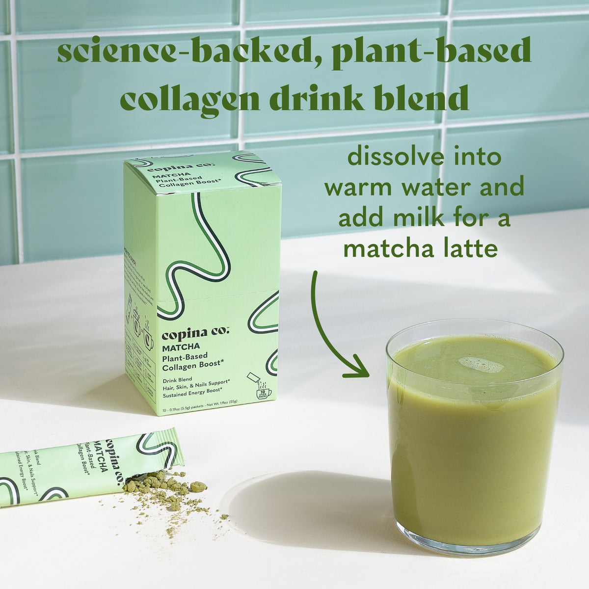 Matcha Plant-Based Collagen Boost Drink Blend Stick Packs